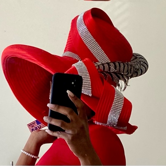 Accessories | Nwt Charm Ny Red Wide Brim Rhinestones Derby Cogic Church ...
